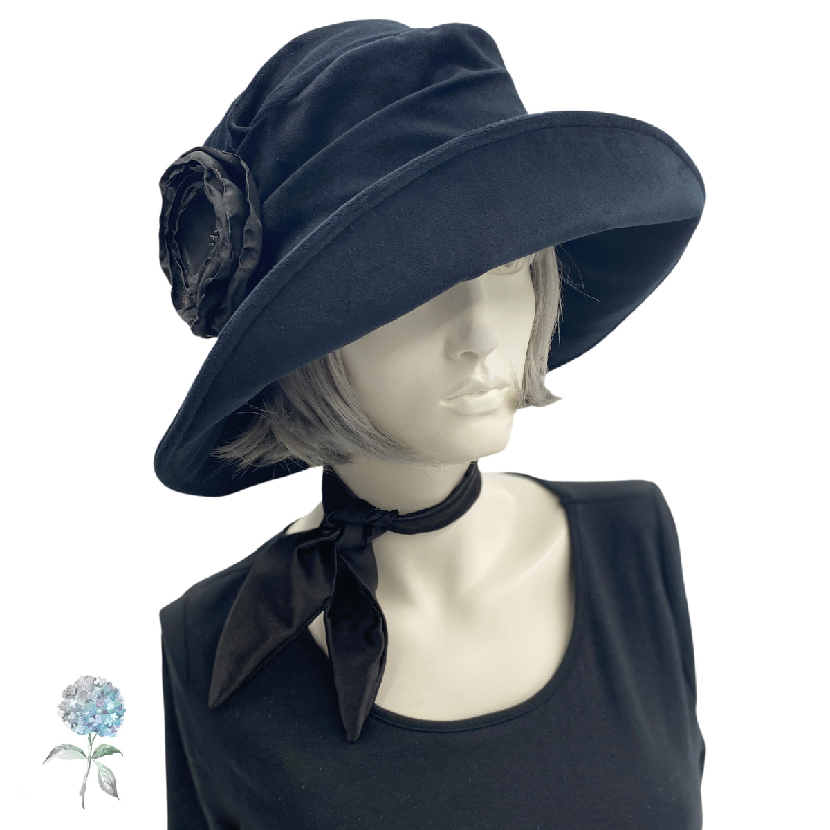 Velvet Wide Brim Cloche Hat with Satin Rose Accessory | The Alice ...