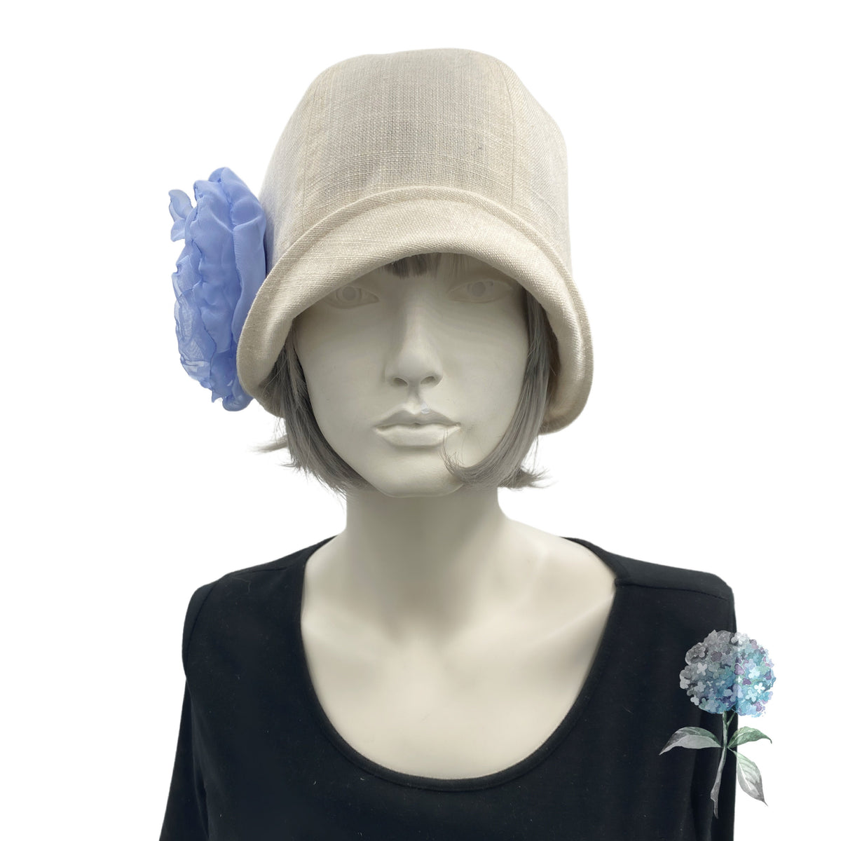 Cream Linen Cloche Hat with Large Periwinkle Peony Flower | The Polly ...