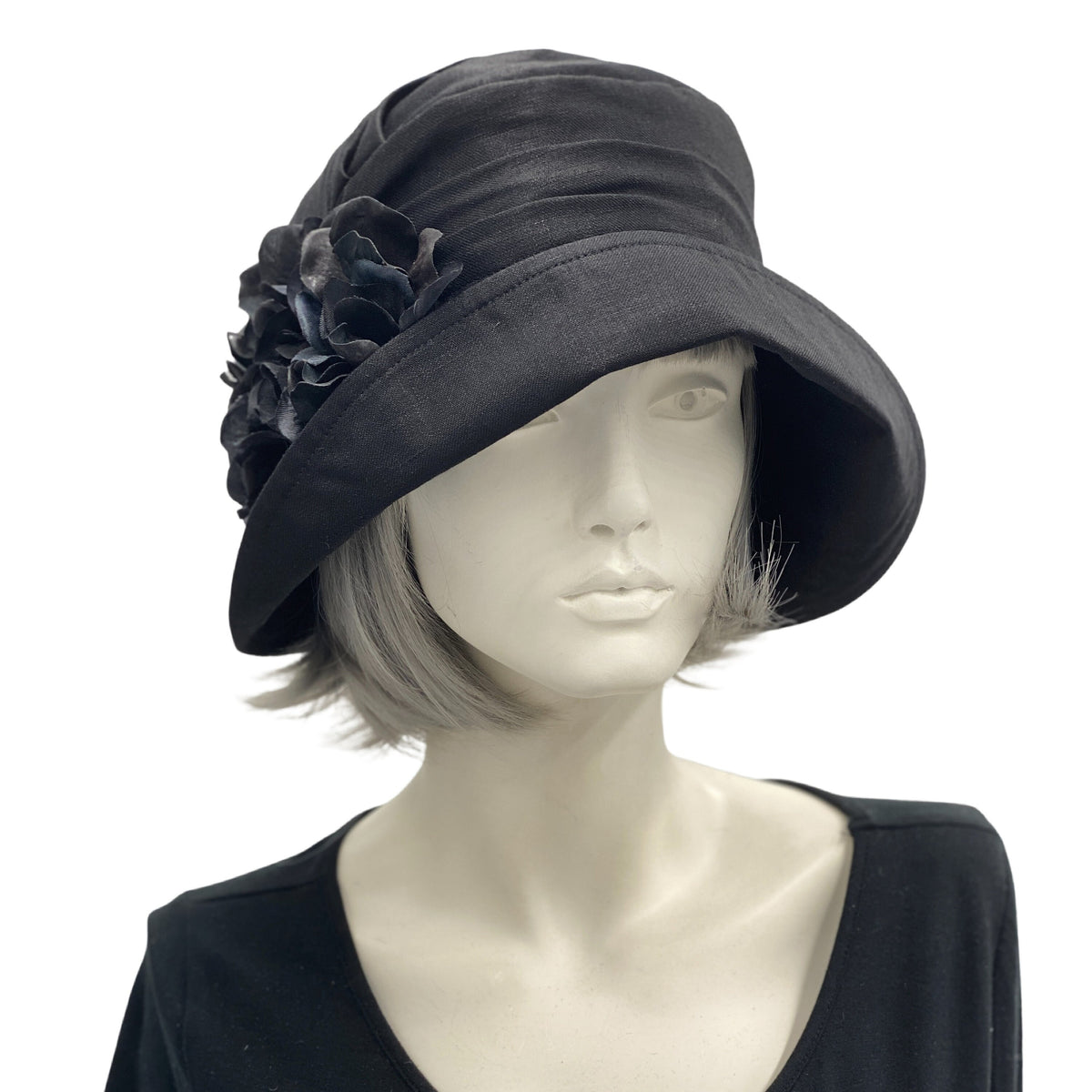 1930s Cloche Hat in Black Linen with Hydrangea Petals | The Alice ...